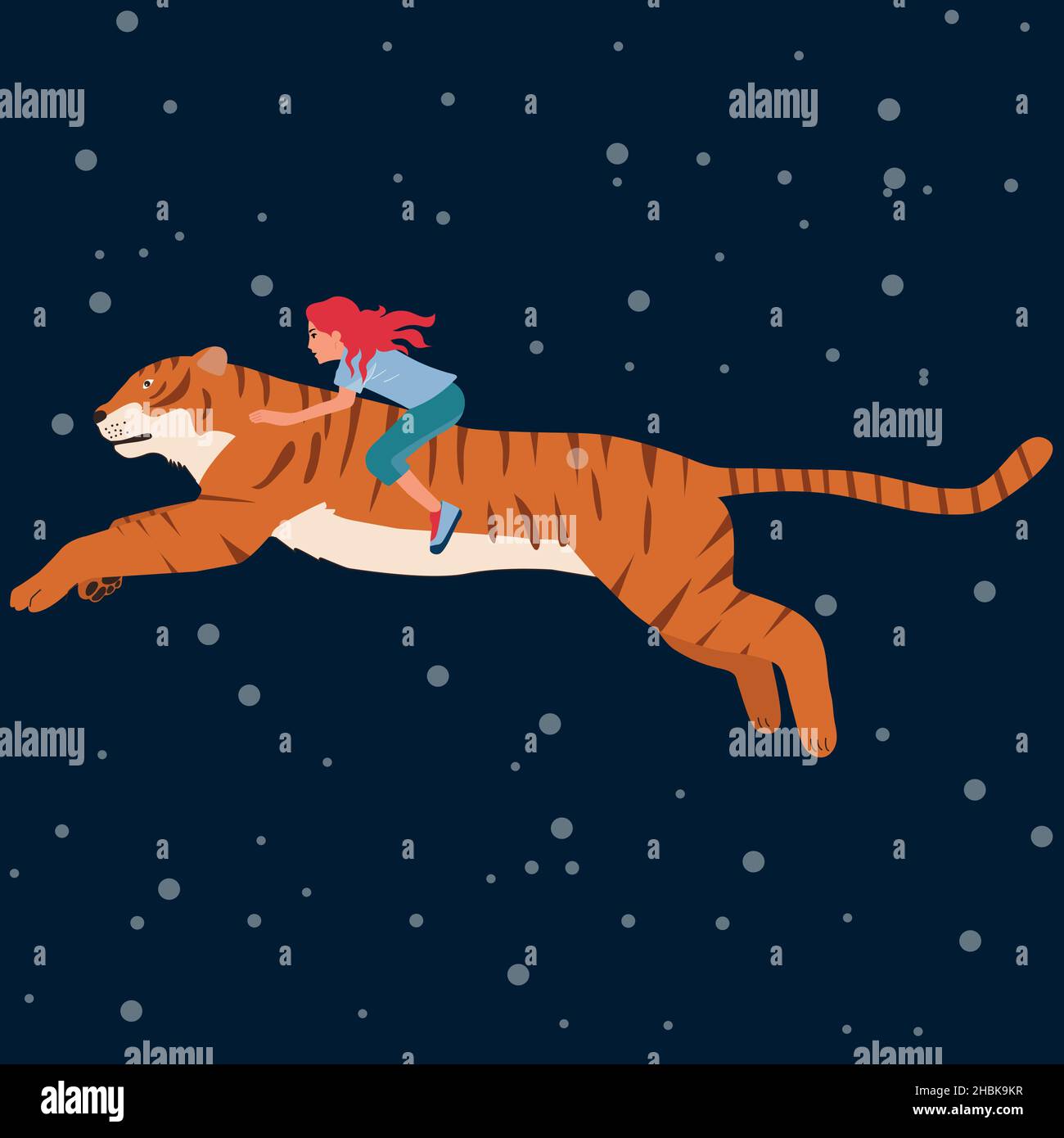 Girl riding a tiger in snowy weather. Fly through the air. Dark , flat ...