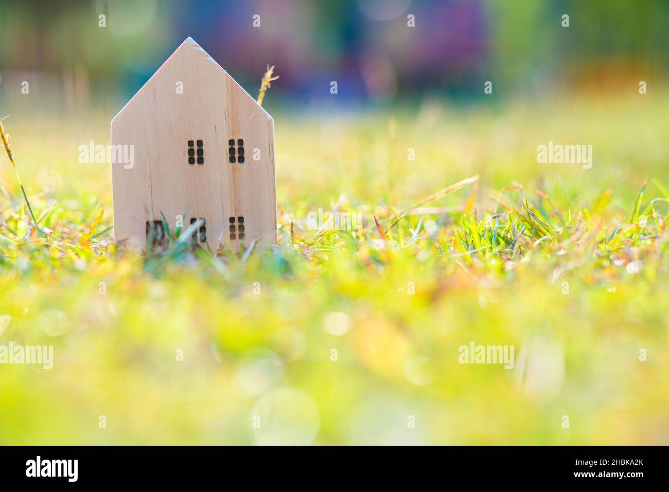 Wooden modern house on green grass with sun light concept image of make ...