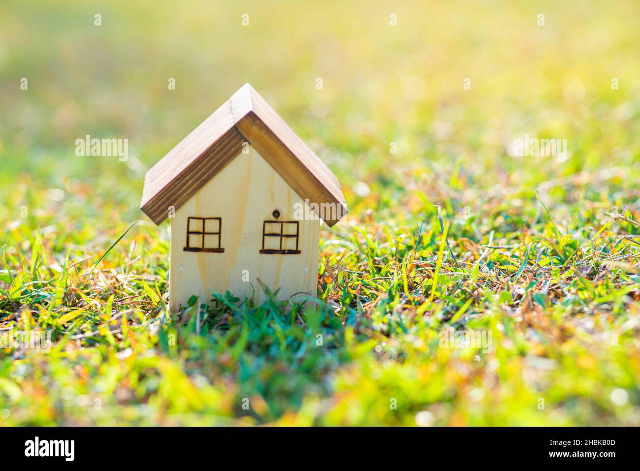 Wooden modern house on green grass with sun light concept image of make ...