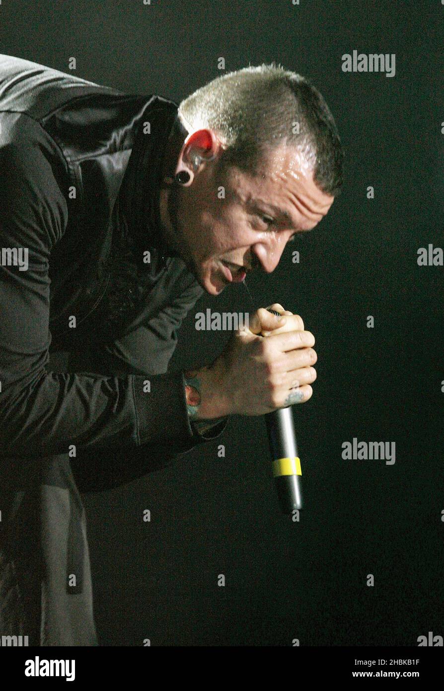 Chester Bennington of rock band Linkin Park performing at the O2 Arena ...