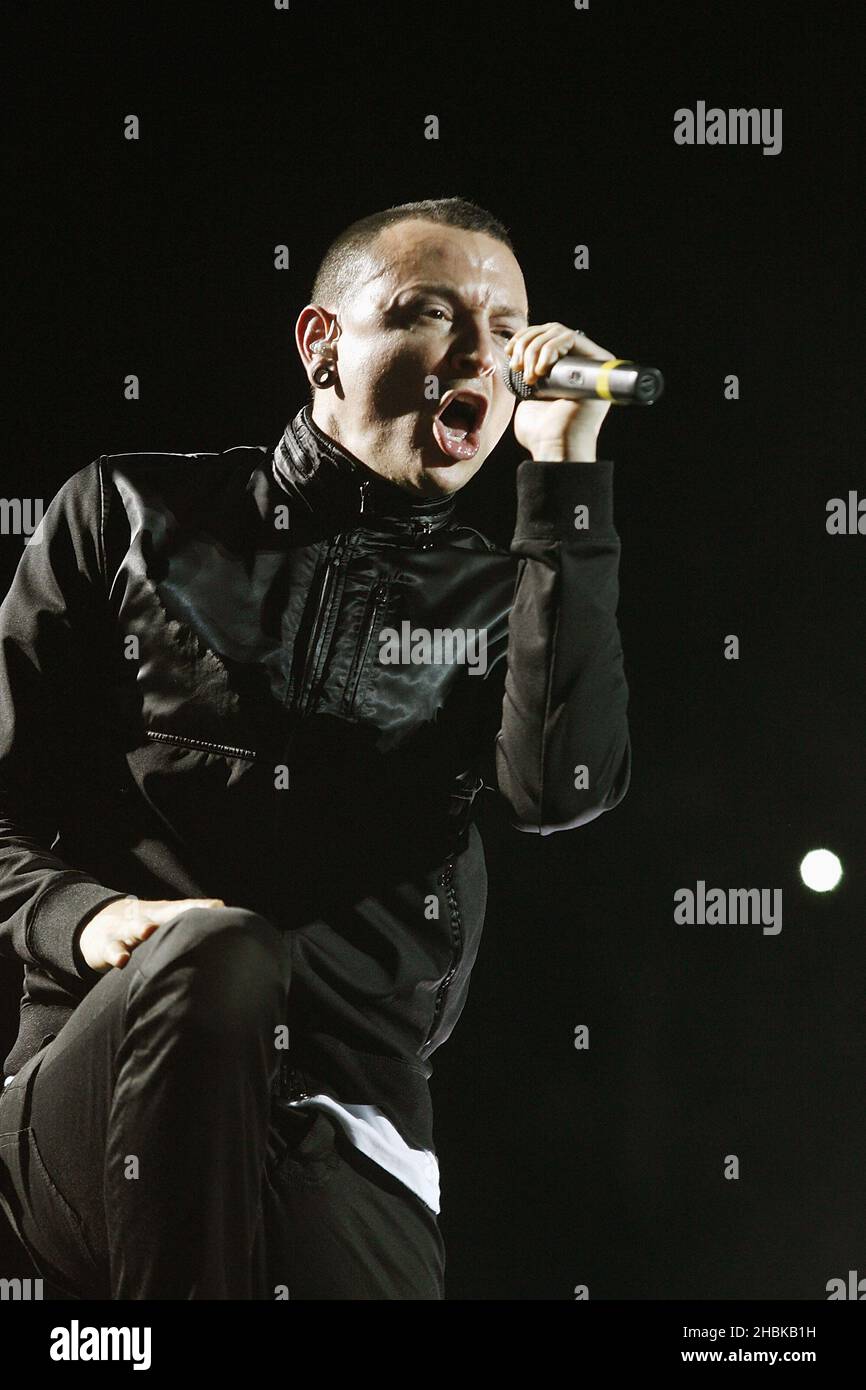 Chester Bennington of rock band Linkin Park performing at the O2 Arena ...