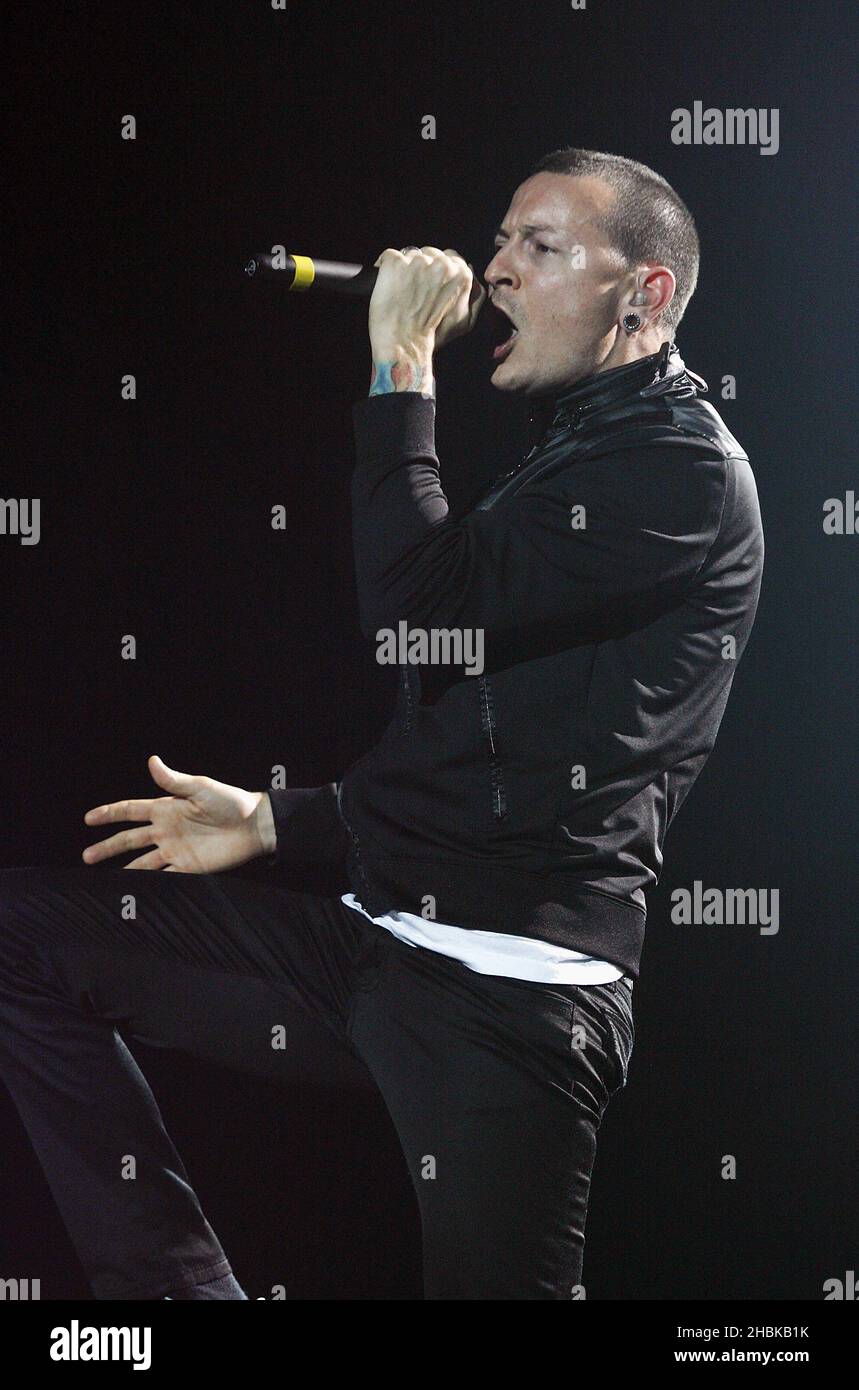 Chester Bennington of rock band Linkin Park performing at the O2 Arena ...