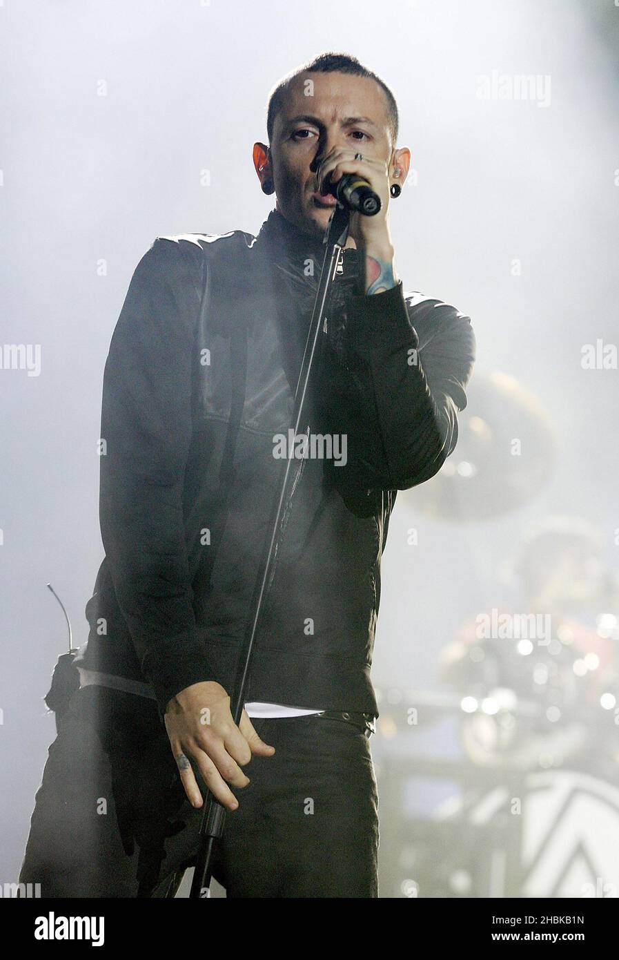 Chester Bennington of rock band Linkin Park performing at the O2 Arena ...