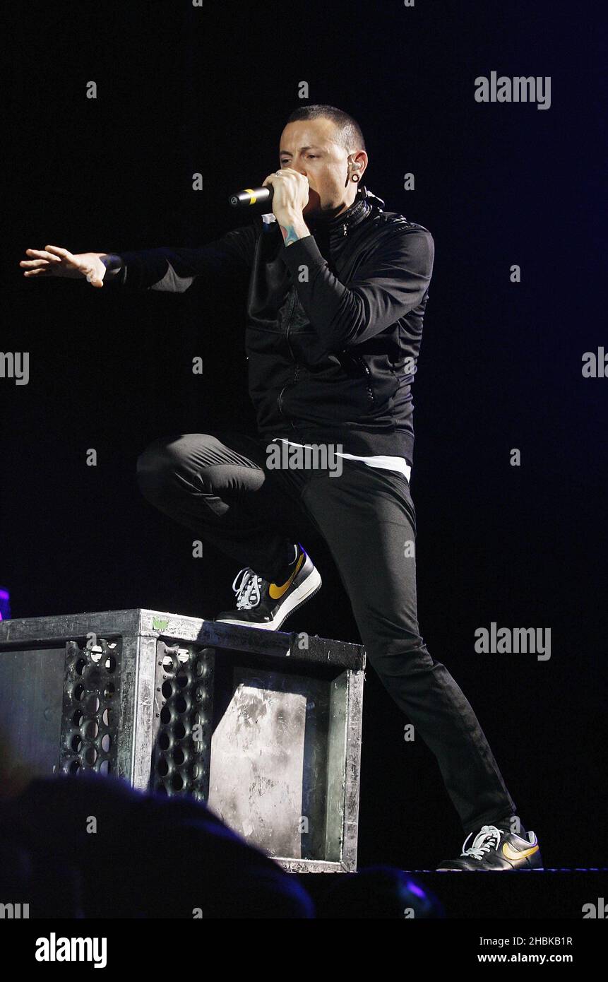 Chester Bennington of rock band Linkin Park performing at the O2 Arena ...