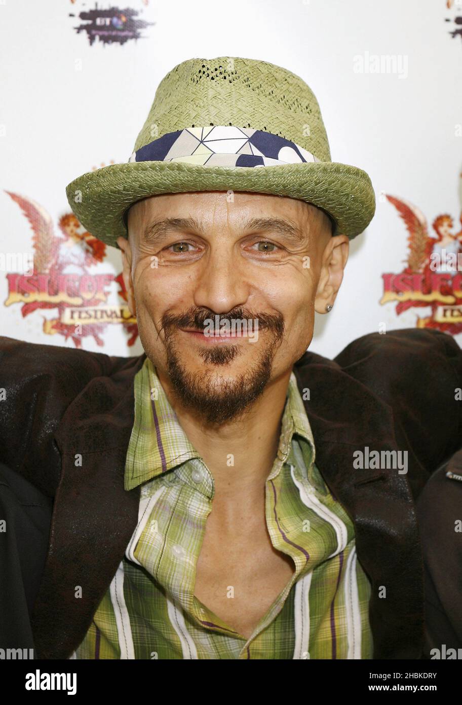 Tim Booth of James poses backstage at the Isle of Wight Festival ...