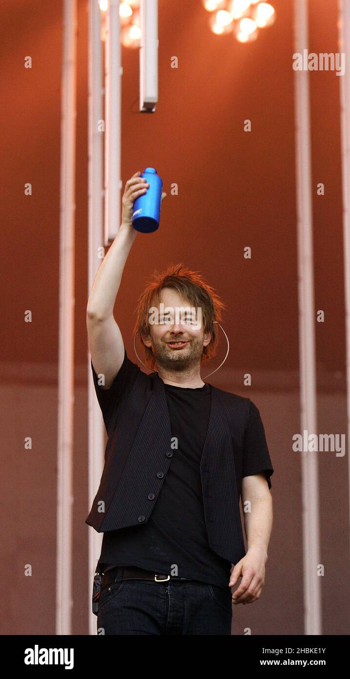 Thom Yorke of Radiohead performing on stage at Victoria Park in east ...