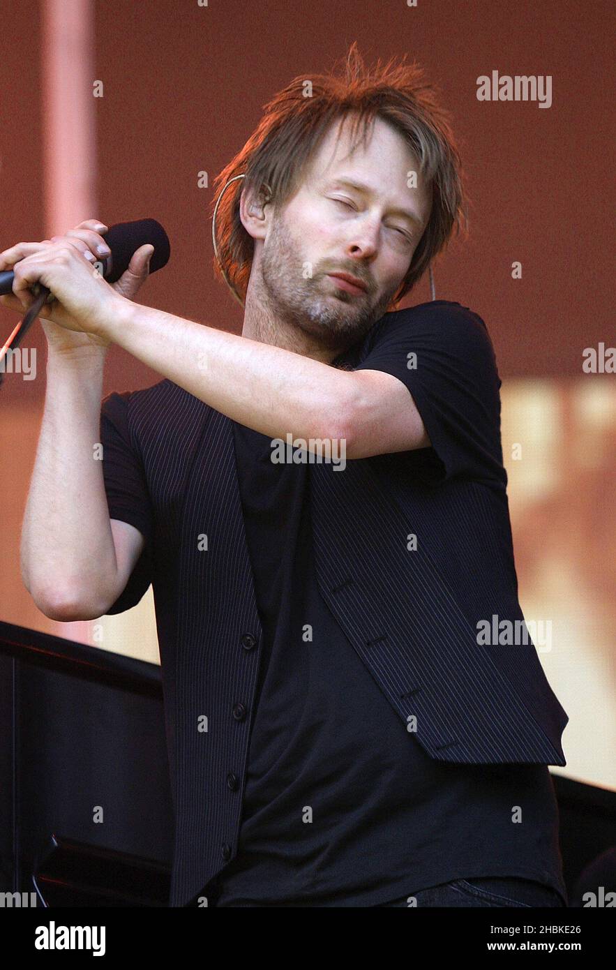 Thom Yorke of Radiohead performing on stage at Victoria Park in east ...