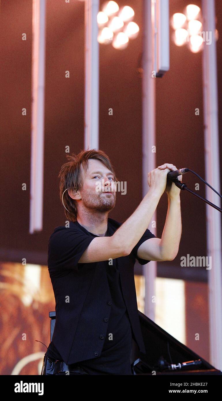 Thom Yorke of Radiohead performing on stage at Victoria Park in east ...
