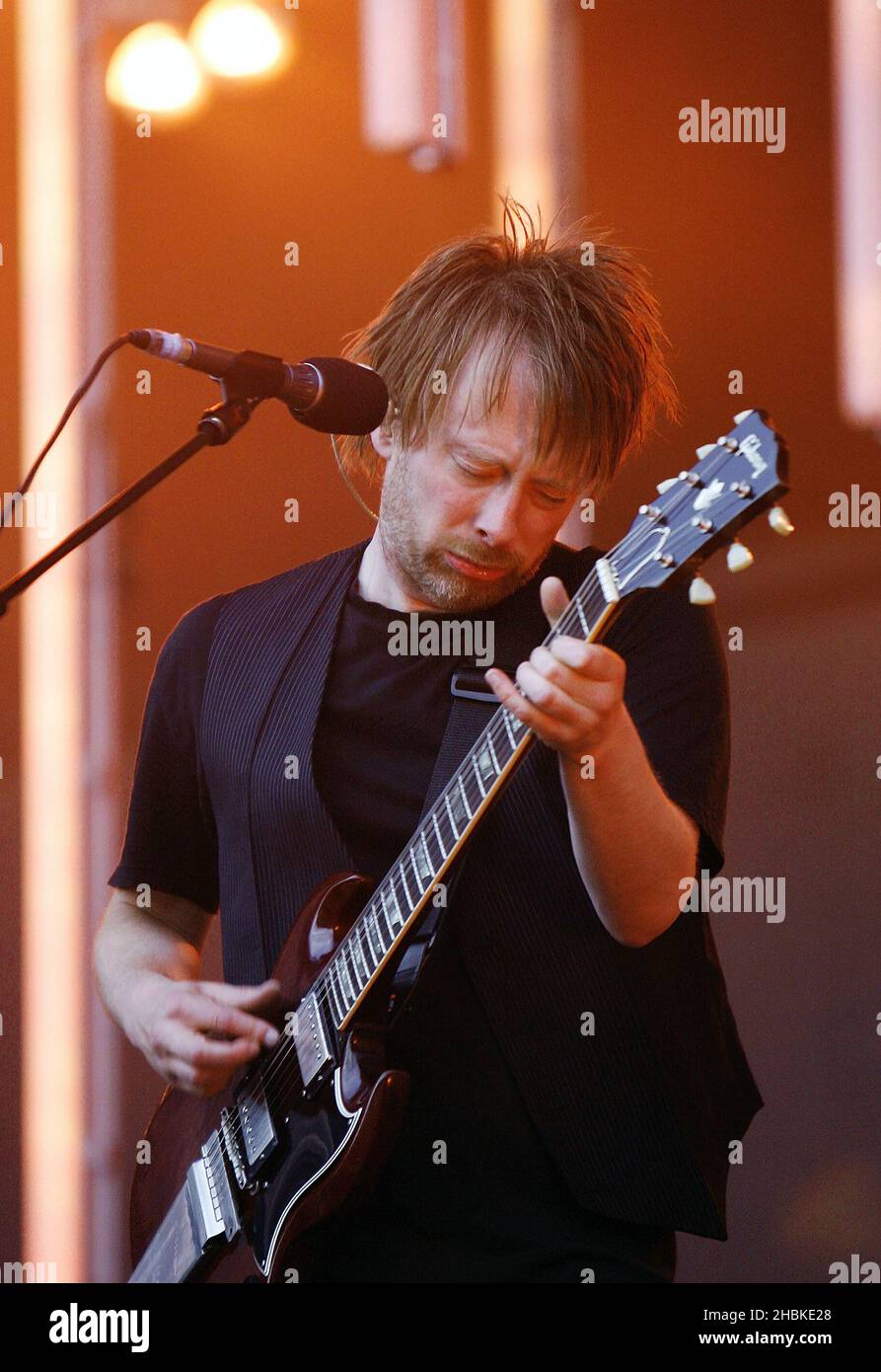 Thom Yorke of Radiohead performing on stage at Victoria Park in east ...