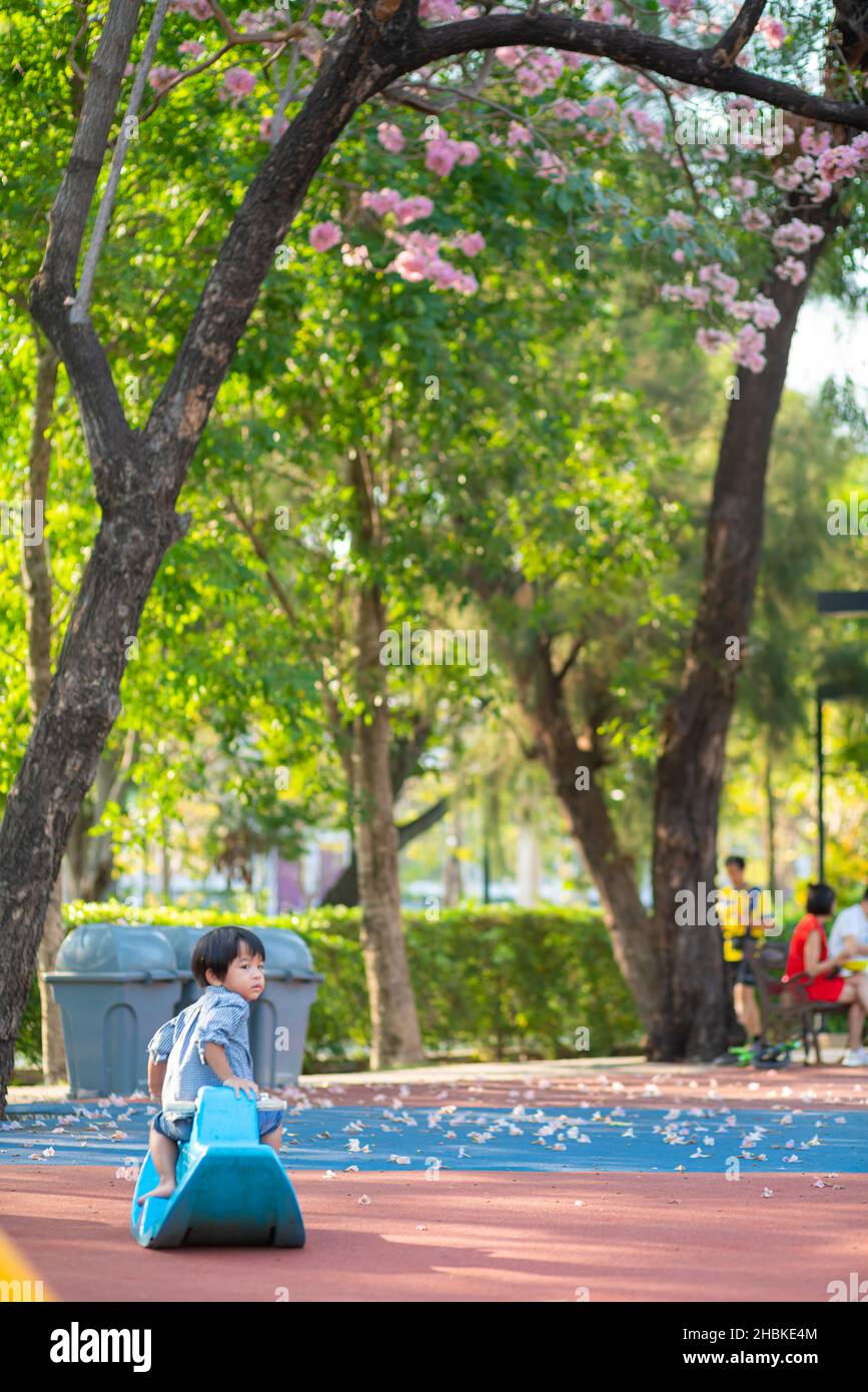Funny cute happy baby playing rocking horse on the flower tree ...
