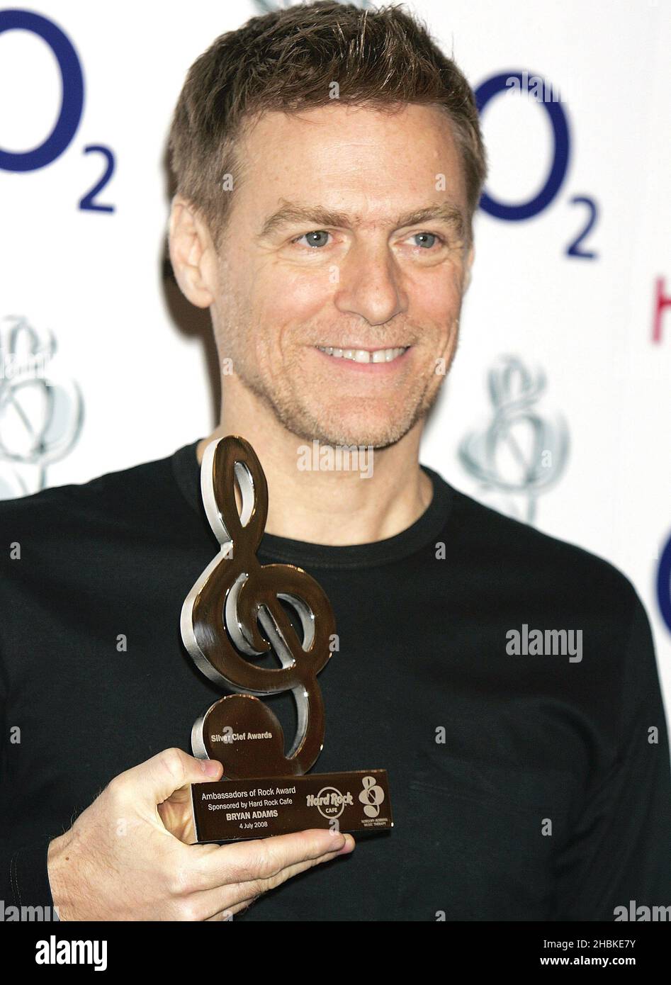 Bryan Adams with the Ambassadors of Rock Award at the O2 Silver Clef ...