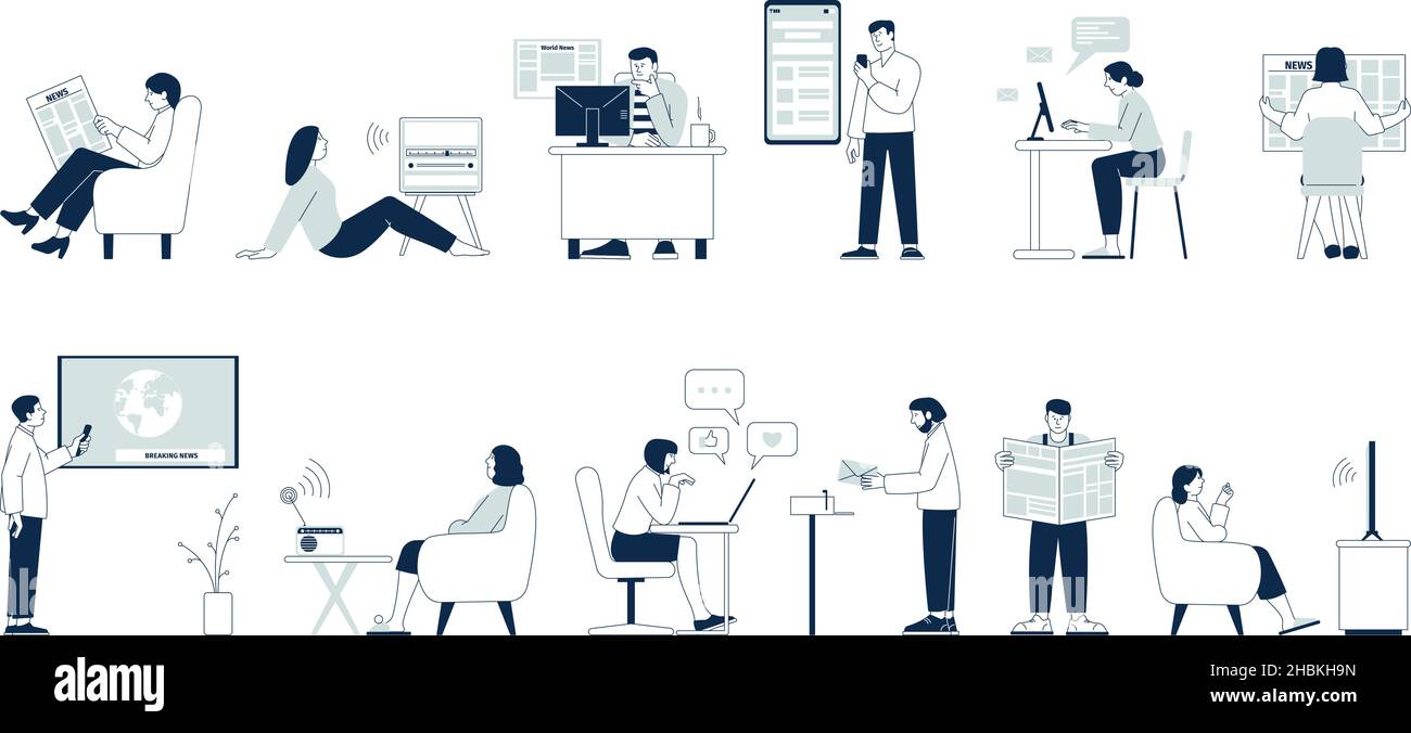 People and news. Person read newspaper, digital radio information flow ...