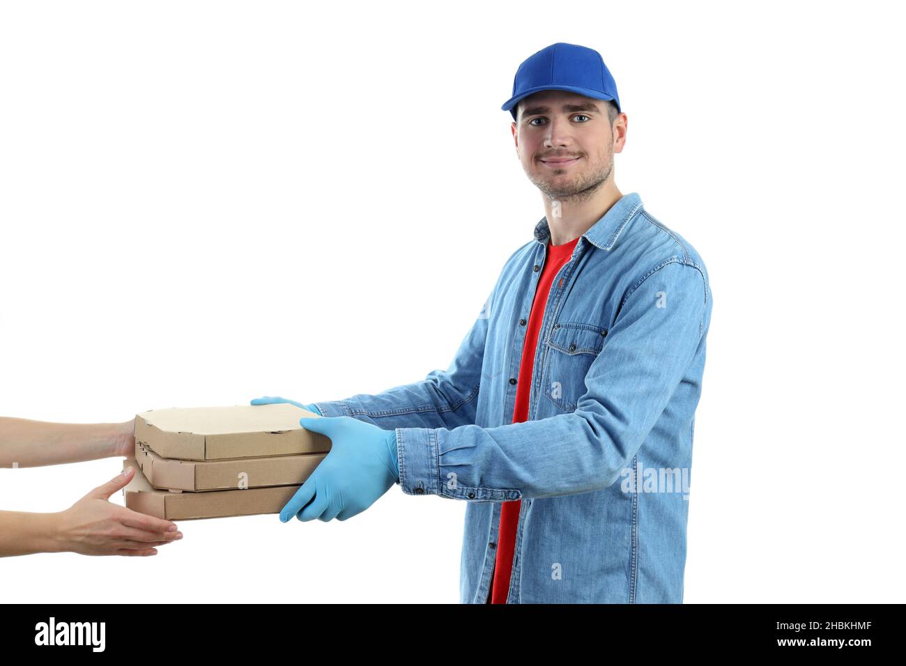 Delivery man give pizza, isolated on white background Stock Photo - Alamy