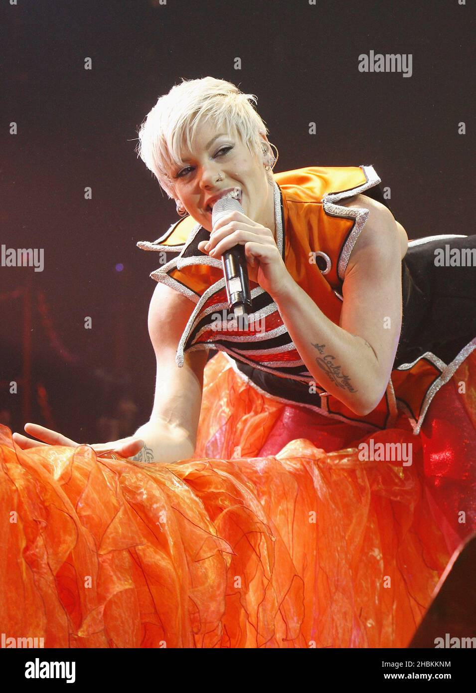 Pink performing at the o2 arena in greenwich hi-res stock photography ...