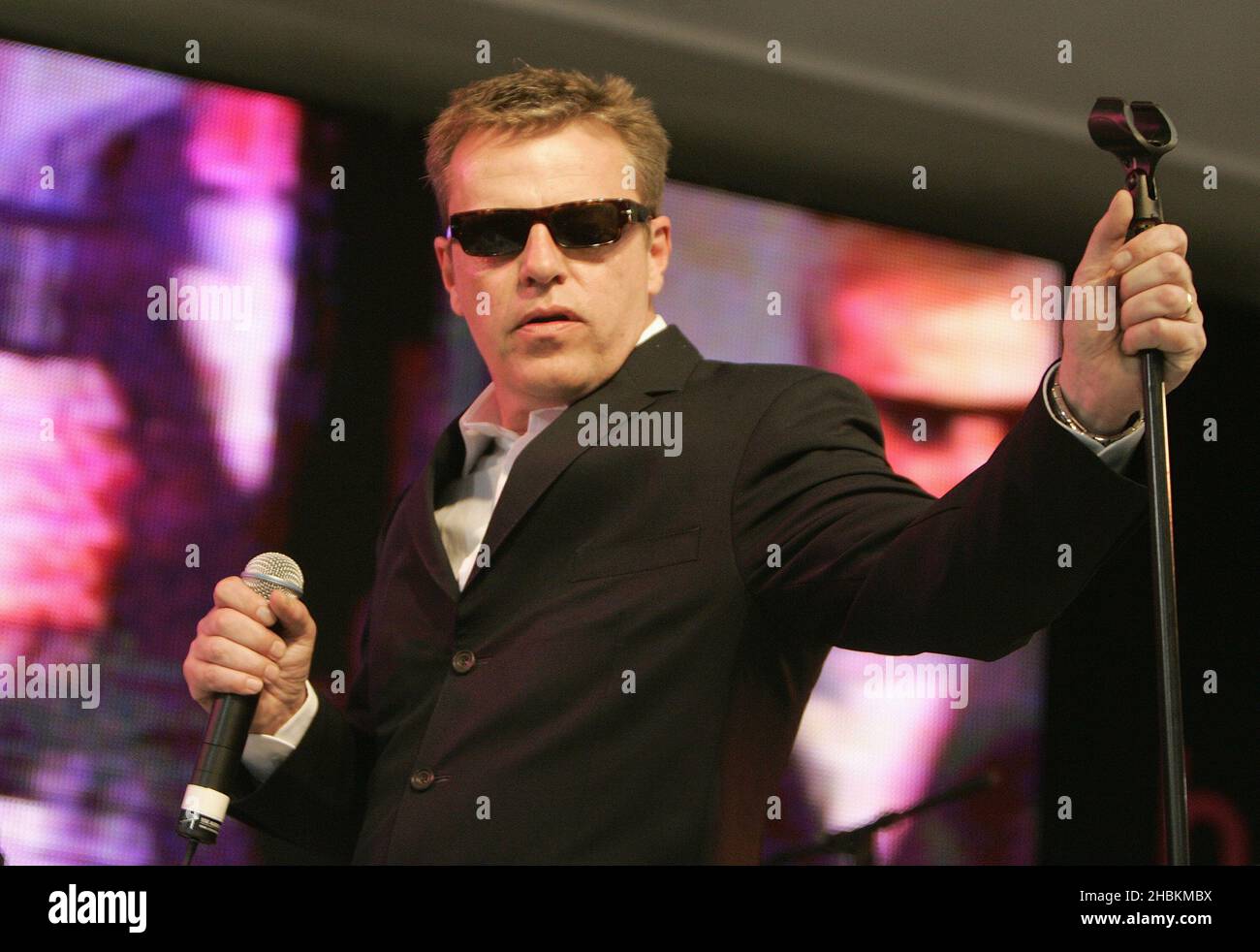 Suggs performs with his band Madness on stage at HMV on Oxford Street ...