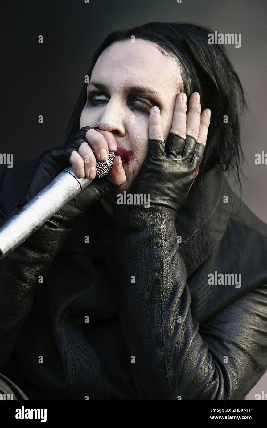Marilyn Manson performs on the main stage at the Download Festival 2009 ...