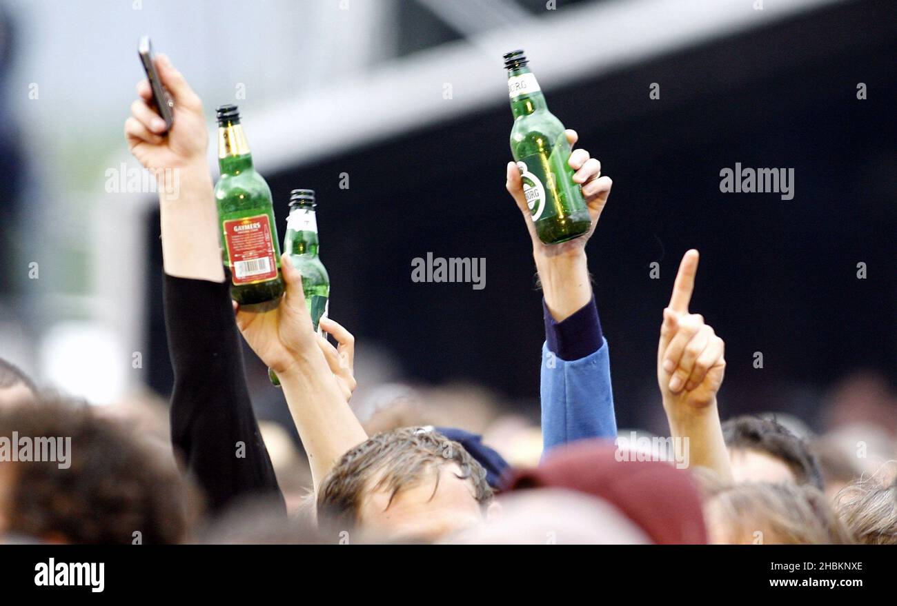 Hands cheer in the crowd on day two of the Hard Rock Calling Festival ...