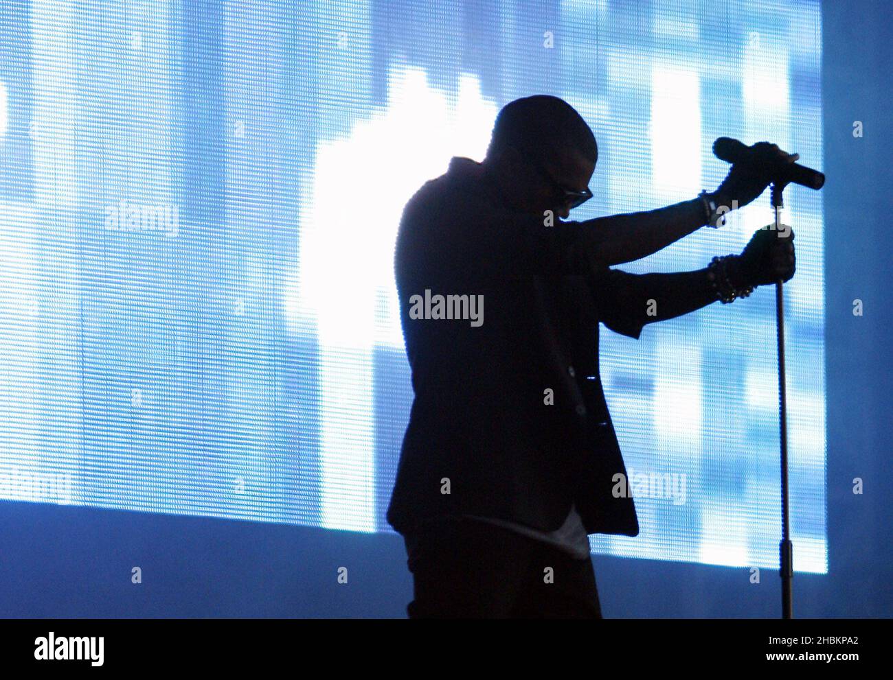 Kanye West performing on stage at the O2 Wireless Festival in Hyde Park ...