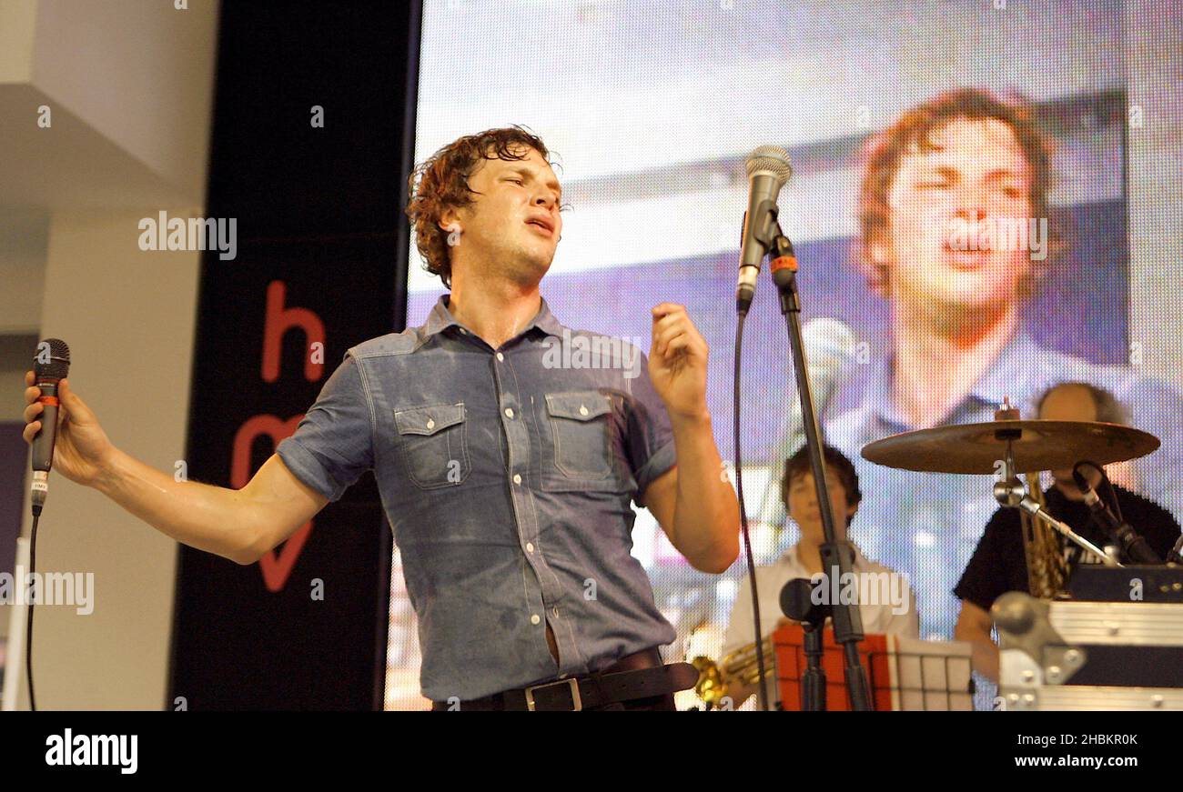 Lead singer Ed Macfarlane of the 'Friendly Fires' during a gig at HMV ...