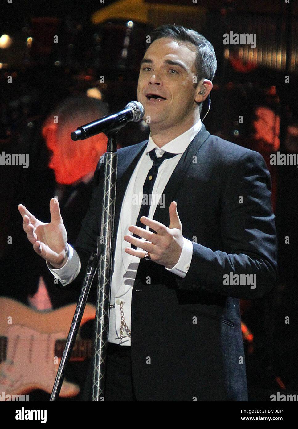 Robbie Williams on stage during the BRIT Awards 2010, at Earls Court ...