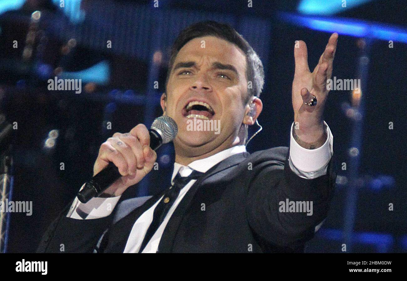 Robbie Williams on stage during the BRIT Awards 2010, at Earls Court ...