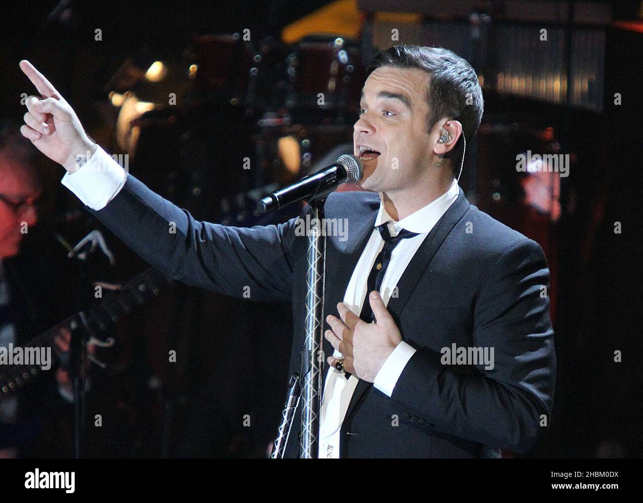 Robbie Williams on stage during the BRIT Awards 2010, at Earls Court ...