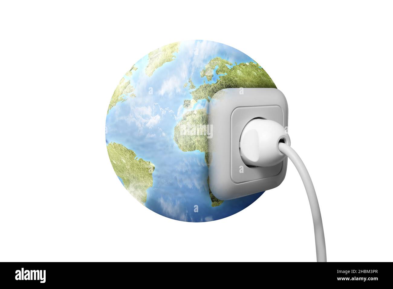 Electric plug into an earth power socket isolated over white background ...