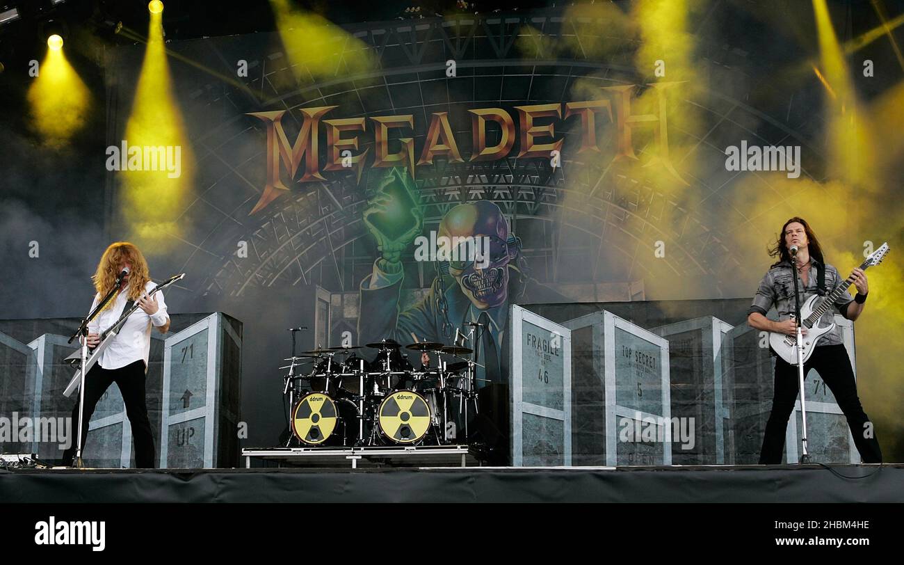 Megadeth perform on stage during day 2 at the 2010 Download Festival in ...