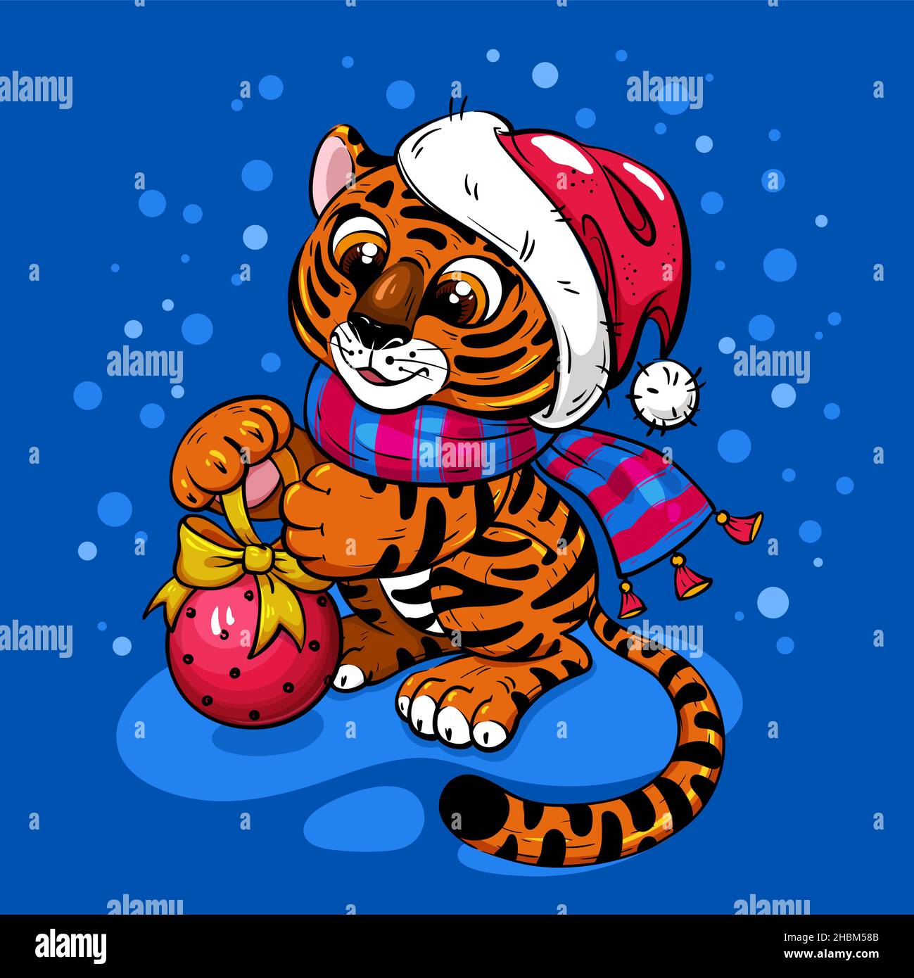 Christmas card with Cut Cartoon Tiger in Santa Hat Stock Vector Image ...