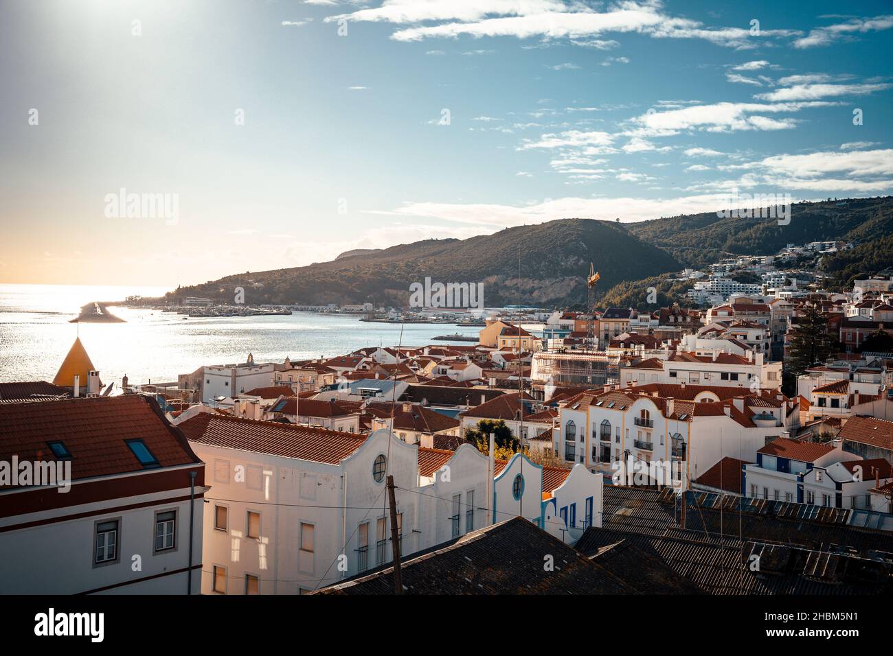 Sesimbra cityscape with historic old town and Atlantic ocean, Setubal ...