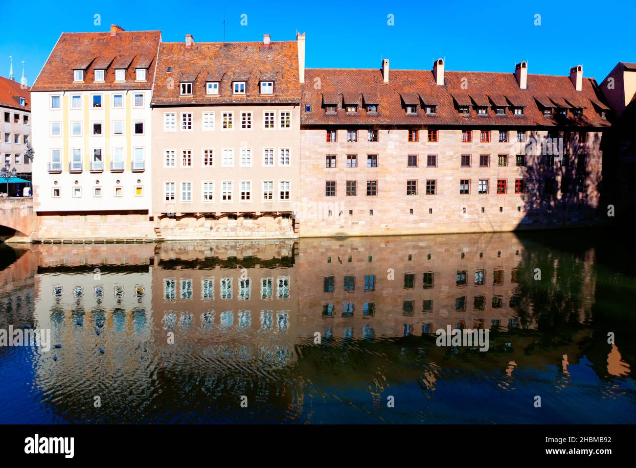 Nuremberg architecture and river . Buildings with tiled roof in Bavaria ...