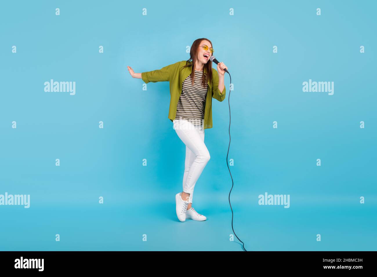 Full body photo of attractive crazy young woman sing mic karaoke star ...