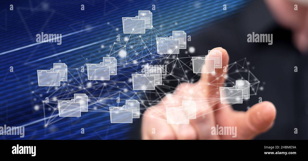 Man touching a data connection concept on a touch screen with his ...