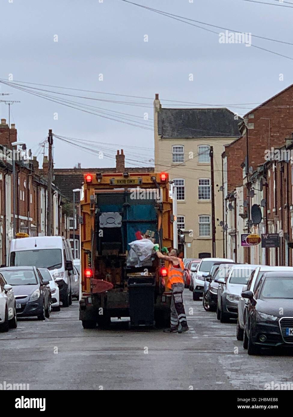Dust cart in Hood street Northampton UK Council collecting rubbish in ...