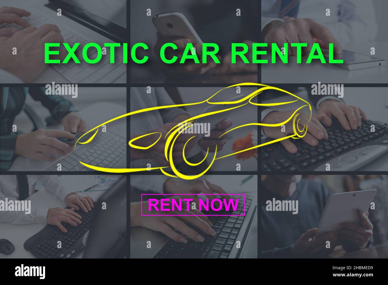 Exotic car rental concept illustrated by pictures on background Stock ...