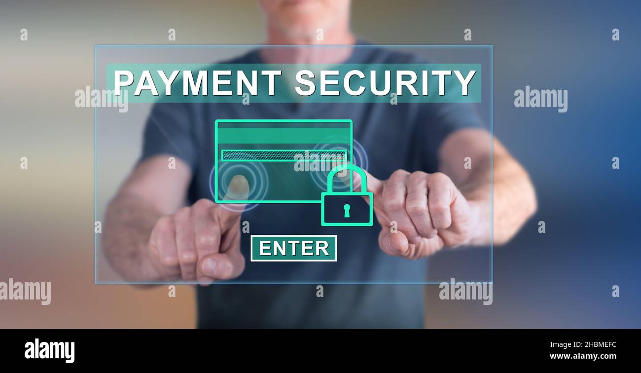 Man touching a payment security concept on a touch screen with his ...