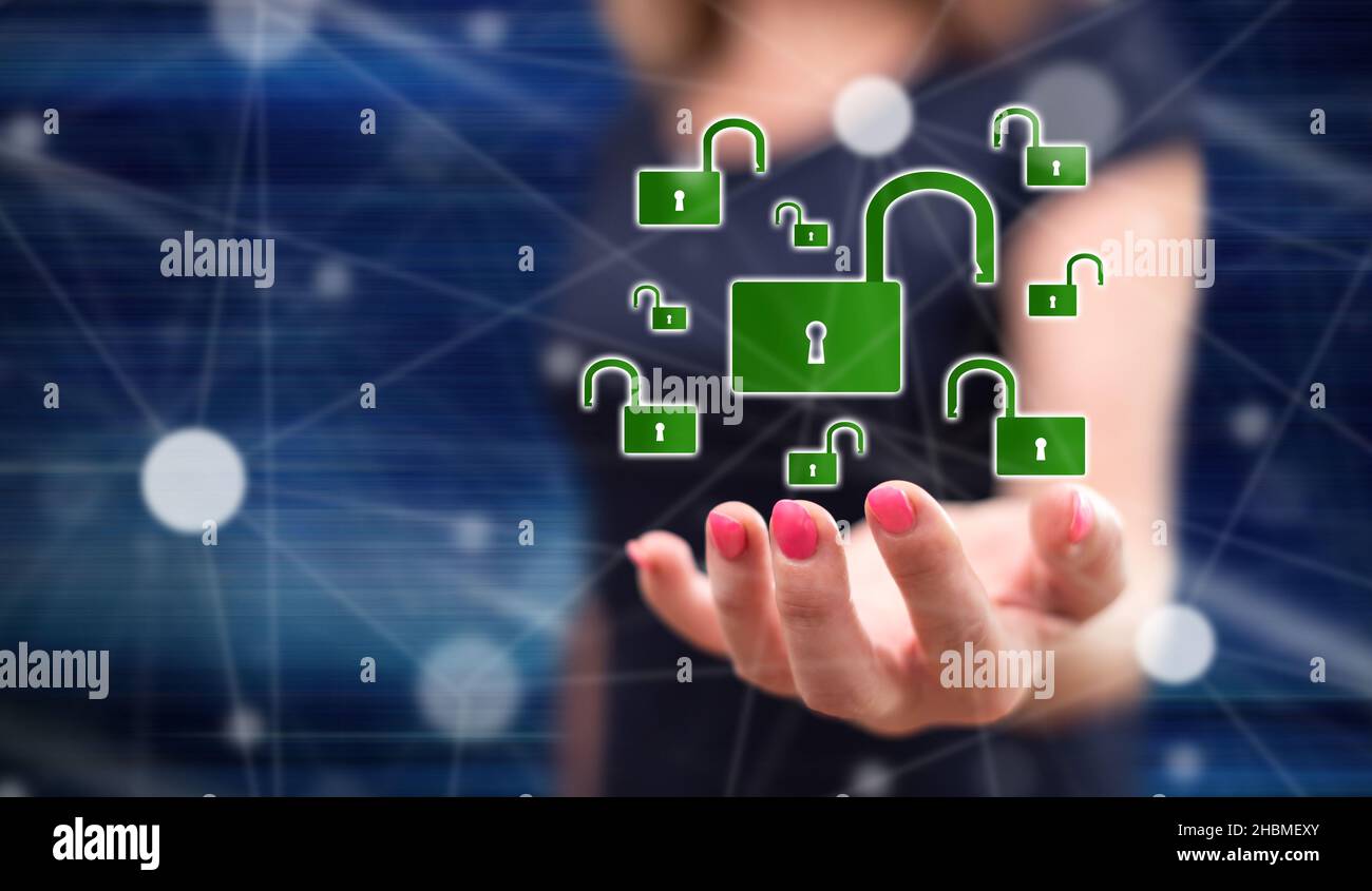 Cyber security concept above the hand of a woman in background Stock ...