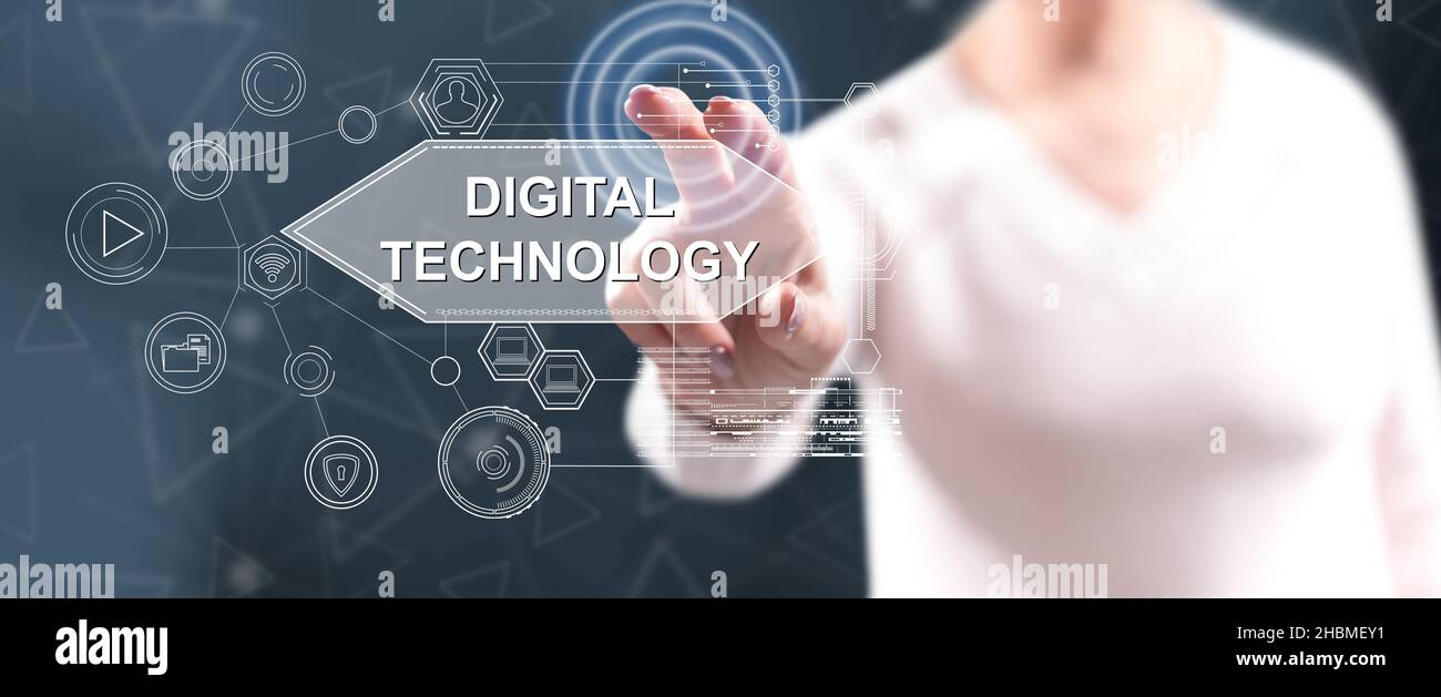 Woman touching a digital technology concept on a touch screen with her ...