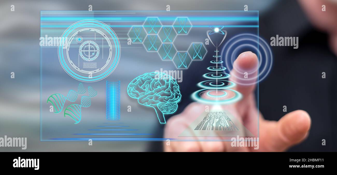 Man touching a futuristic technologies concept on a touch screen with ...