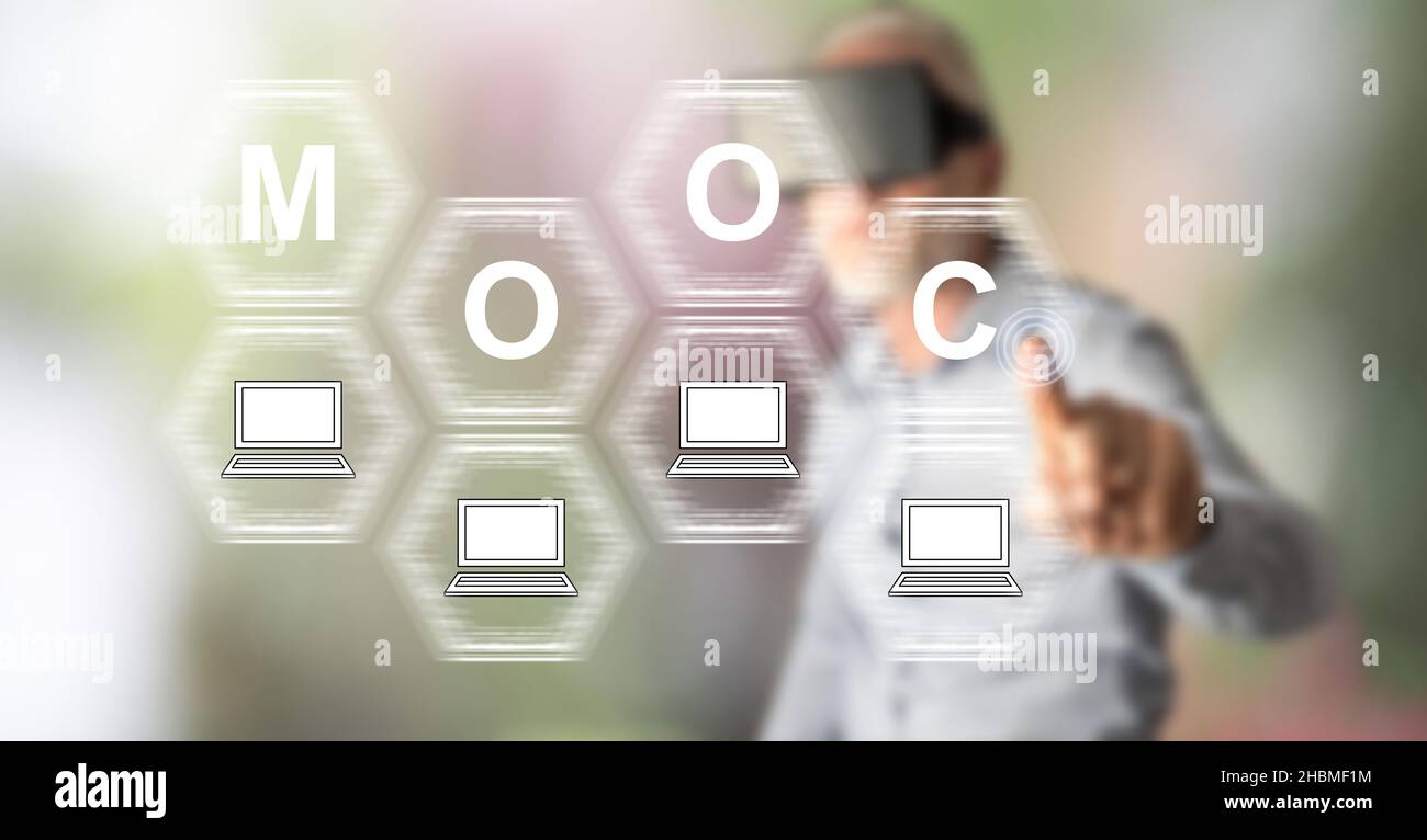 Man with vr headset touching a mooc concept on a touch screen with his finger Stock Photo - Alamy