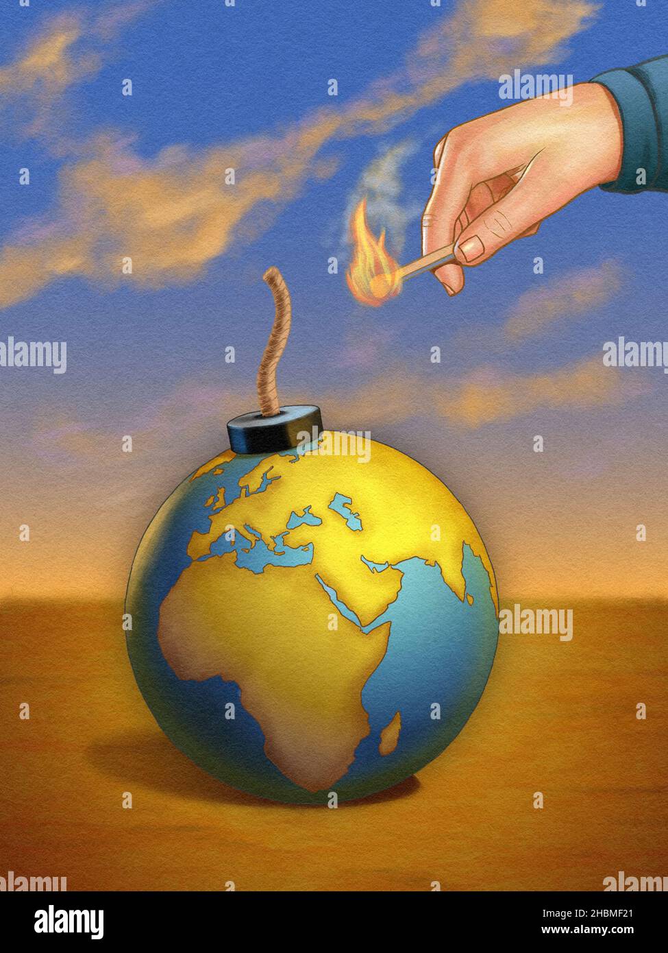 Planet Earth represented as a bomb about to be lit by an hand holding a ...