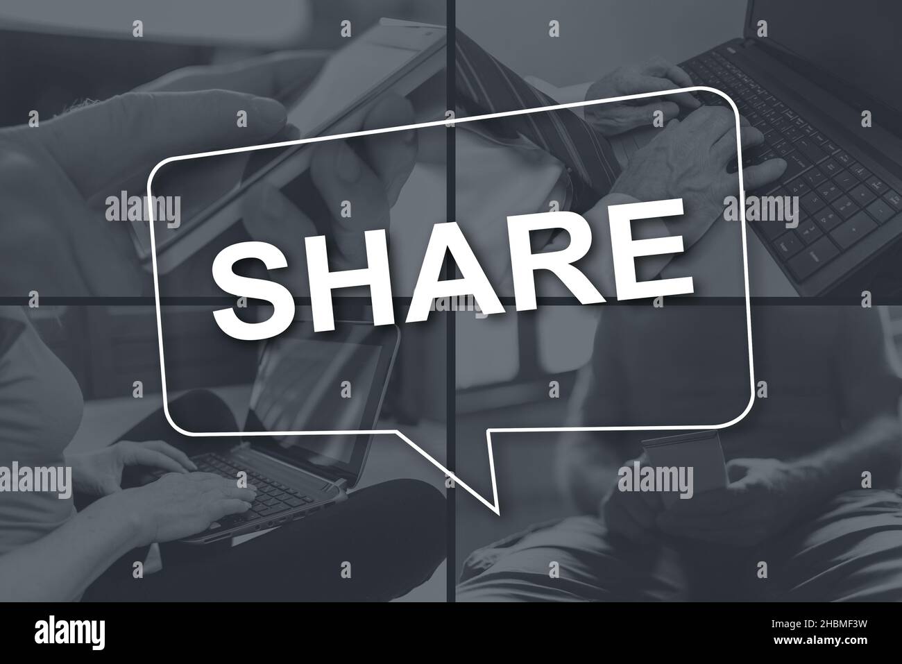 Share concept illustrated by pictures on background Stock Photo - Alamy
