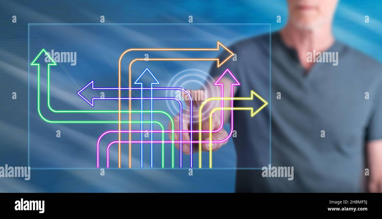 Man touching a digital decision concept on a touch screen with his ...
