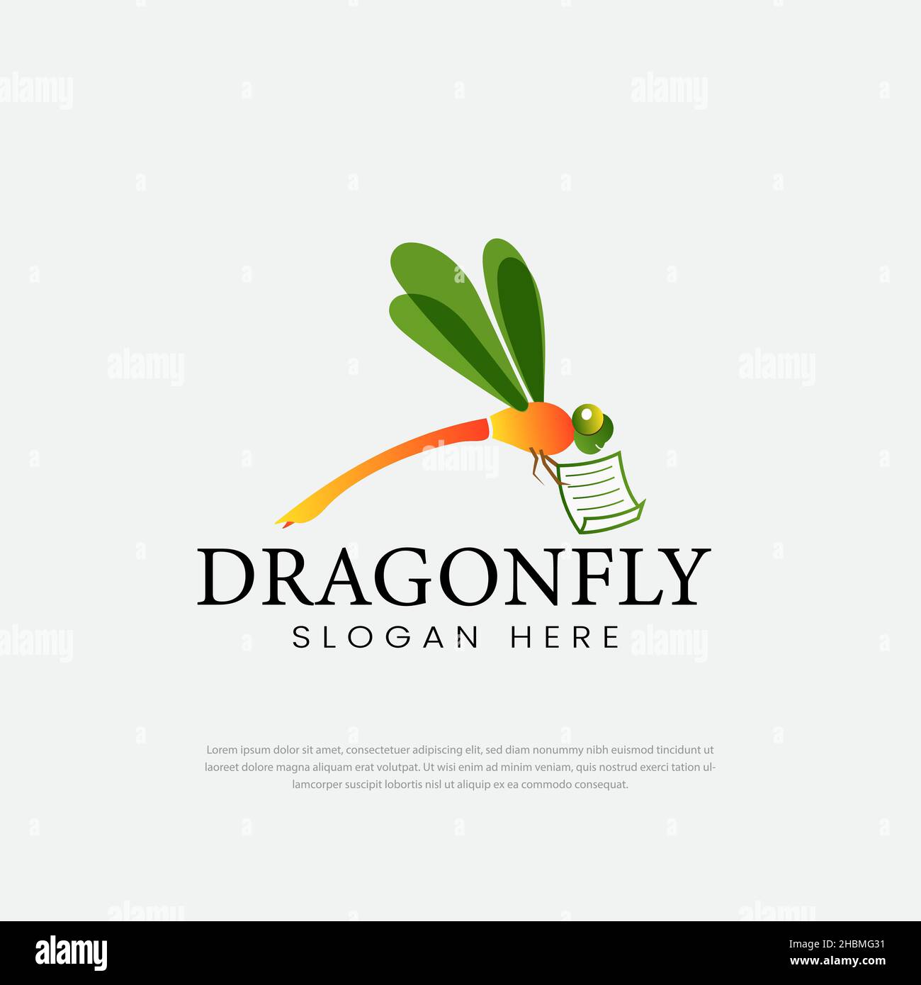 The brightly colored winged dragonfly logo carries a sheet of paper ...