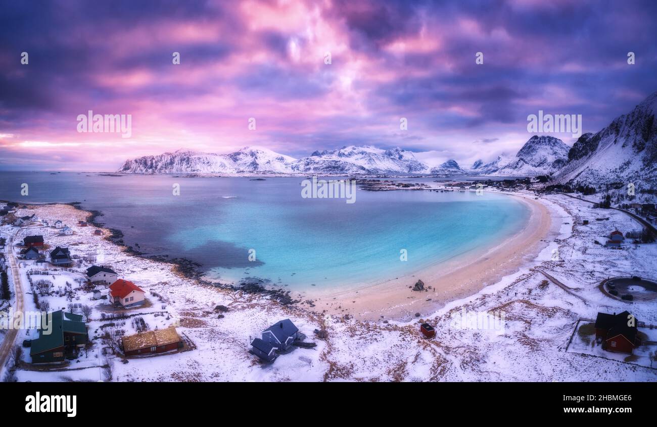 Aerial view of nordic sandy beach, sea in winter at sunset. Lofoten ...