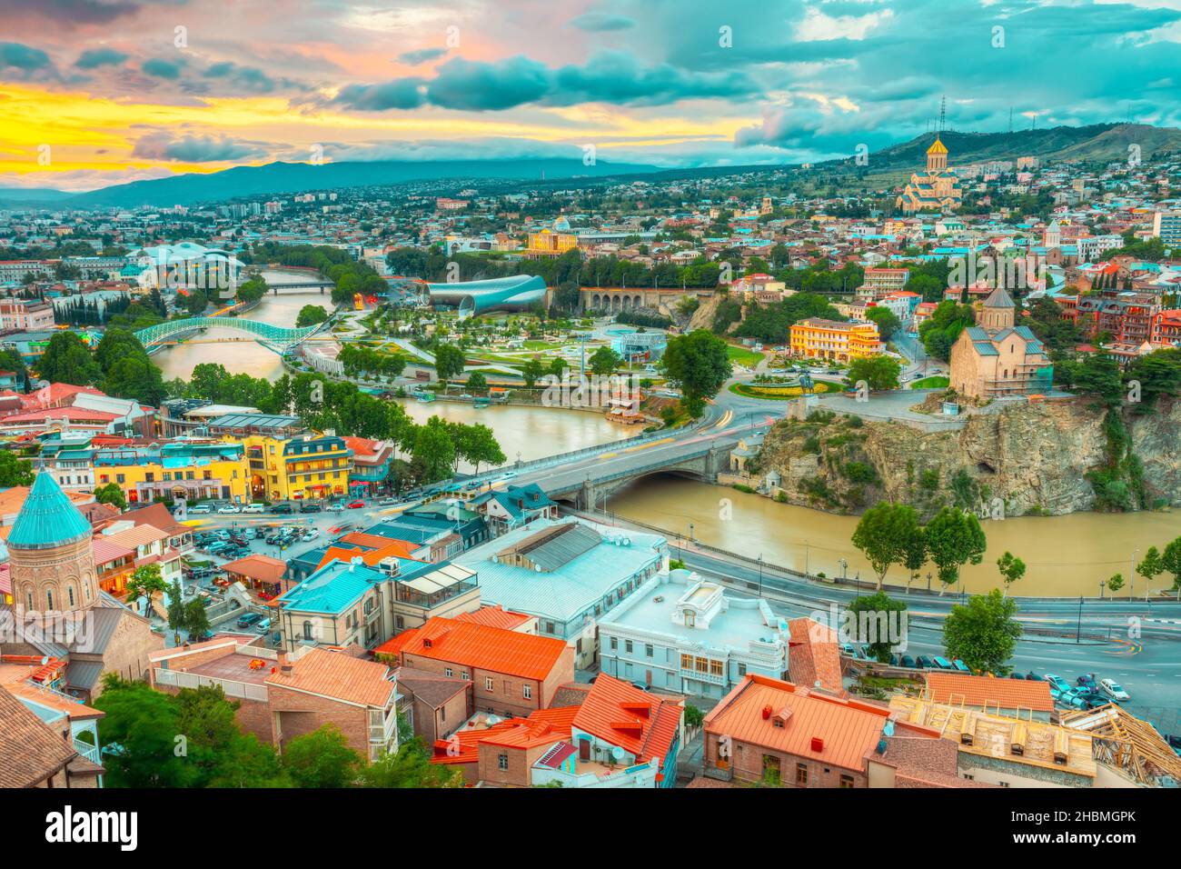 Scenic Top View Summer Tbilisi Georgia, Famous Landmarks Kura Mtkvari ...