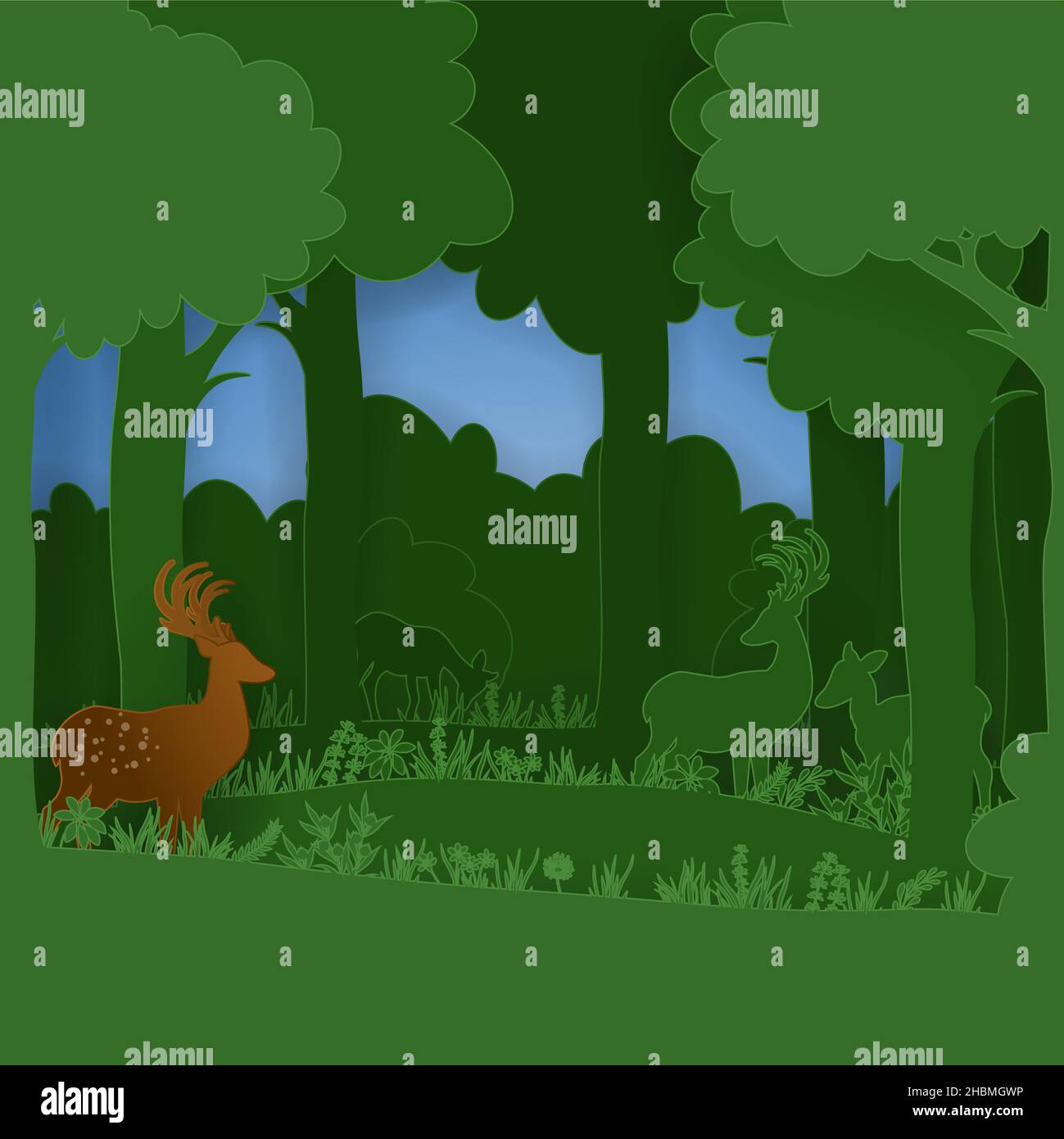 3D paper art forest landscape, with a deer. Vector forest with trees ...
