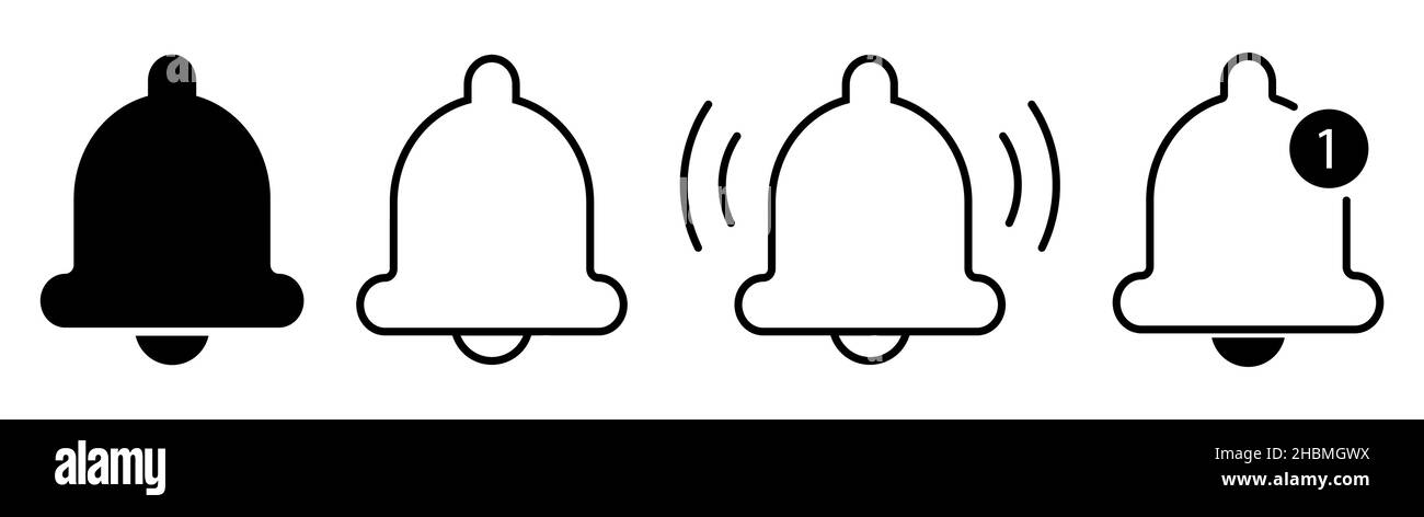Notification bell icon set. Alarm symbol. Incoming inbox message. Social media element. Flat and ...