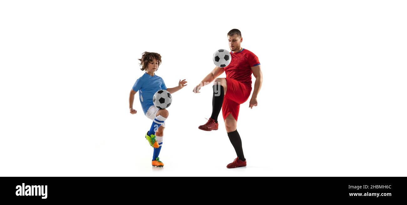 Sport collage. Man, professional soccer player and little boy training ...