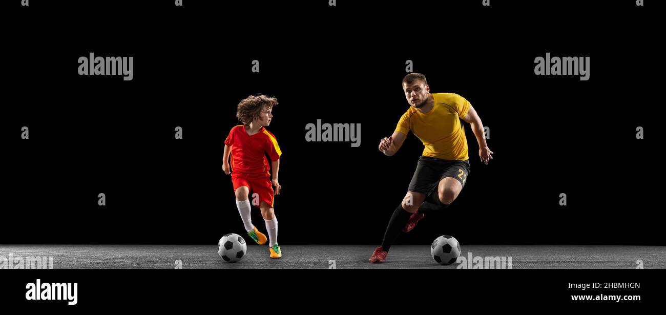 Sport collage. Man, professional soccer player and little boy training ...